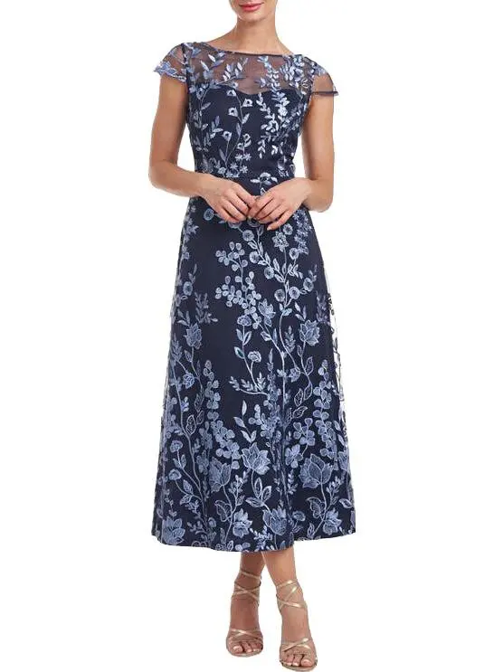 Js Collections Meredith Floral-embroidered A-line Dress - Navy / Sky