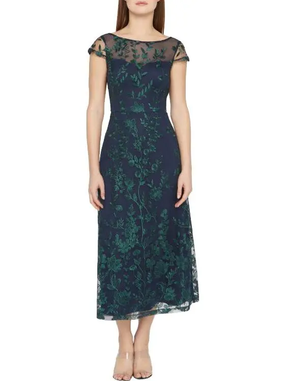 Js Collections Meredith Floral-embroidered A-line Dress - Navy/green
