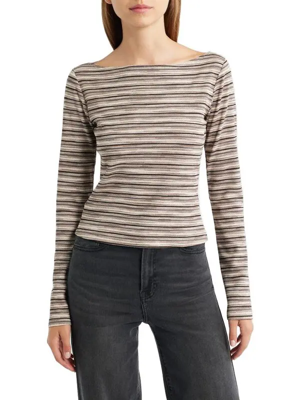 REFORMATION Wiley Ballet Neck Long Sleeve Top - Grey Stripe