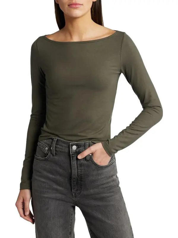REFORMATION Wiley Ballet Neck Long Sleeve Top - Pine Tree