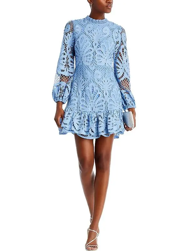 Aqua Long Sleeve Lace Mini Dress - Blue