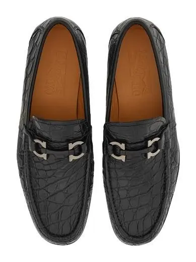 FERRAGAMO Gancini Ornament Crocodile Loafer - Black