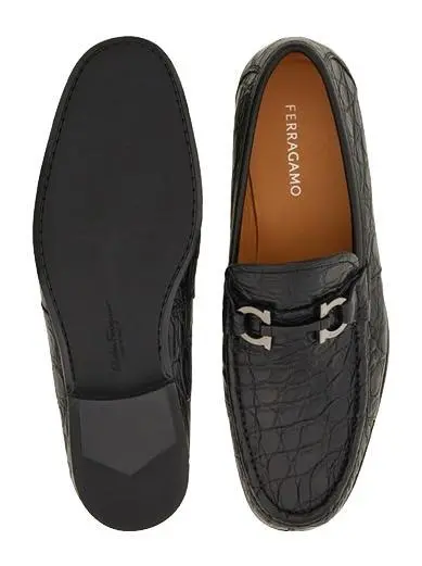 FERRAGAMO Gancini Ornament Crocodile Loafer - Black