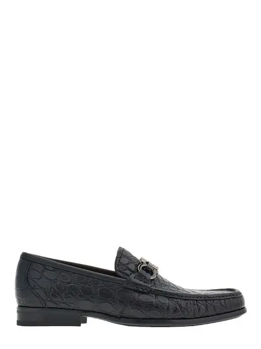 FERRAGAMO Gancini Ornament Crocodile Loafer - Black