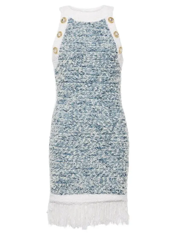Balmain Fringed Tweed Minidress - Blue