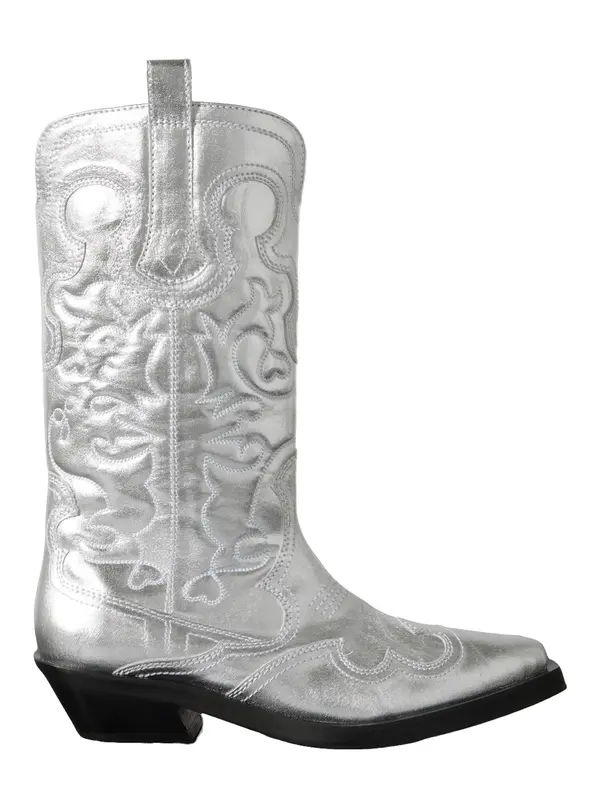 GANNI Embroidered Metallic Recycled Leather Cowboy Boots - Silver