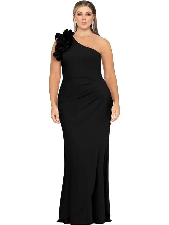 XSCAPE EVENINGS Ruffle Detail One-shoulder Sheath Gown - Black
