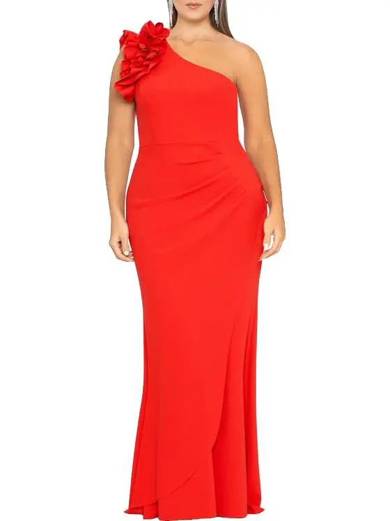 XSCAPE EVENINGS Ruffle Detail One-shoulder Sheath Gown - Red