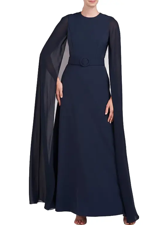 KAY UNGER Freya Belted Cape Gown - Dark Navy