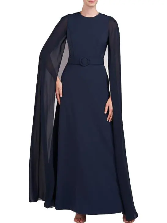 KAY UNGER Freya Belted Cape Gown - Dark Navy