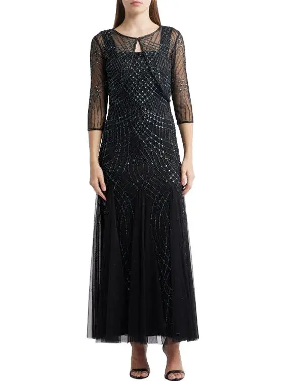 Pisarro Nights Beaded Gown With Jacket - Black/ Gunmetal