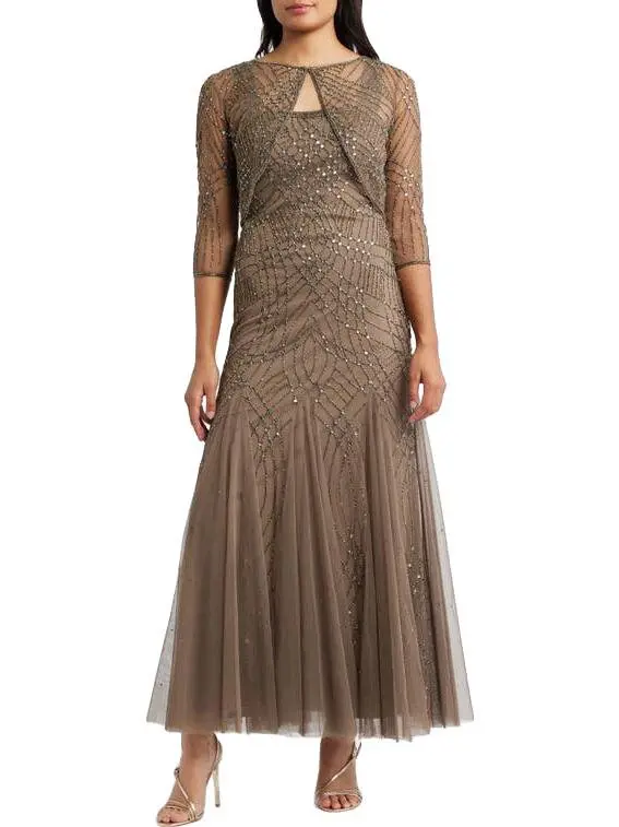 Pisarro Nights Beaded Gown With Jacket - Mocha 228