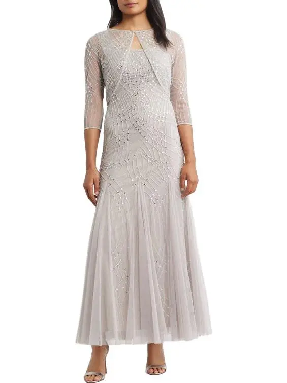 Pisarro Nights Beaded Gown With Jacket - Silver