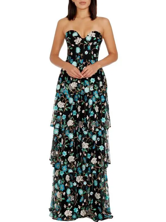 Dress The Population Layana Floral Embroidered Strapless Gown - Turquoise Multi