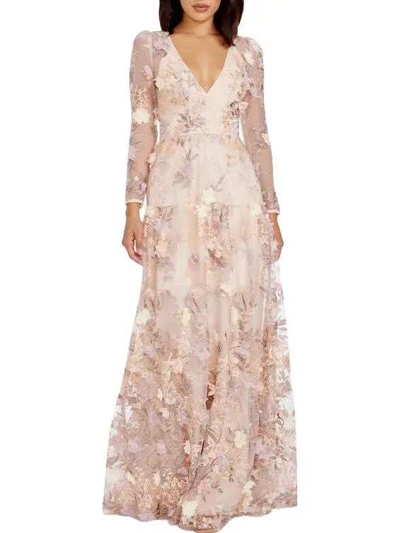 Dress The Population Angelina Floral Embroidered Gown - Cream Multi