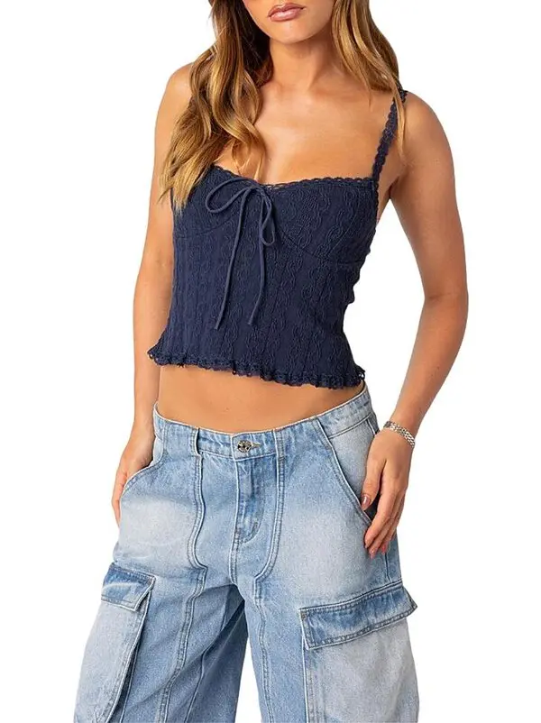 EDIKTED Lacey Knit Tank Top - Navy