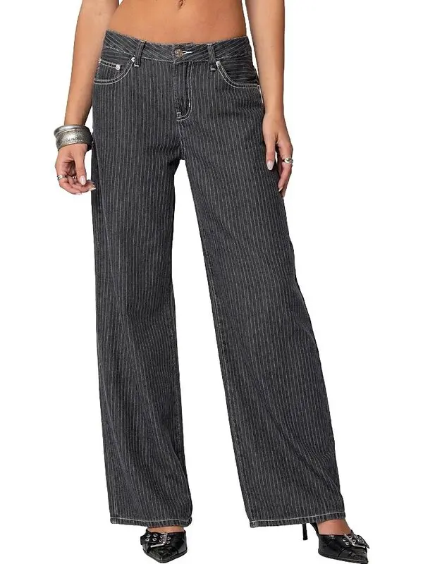 EDIKTED Pinstripe Low Rise Jeans - Black