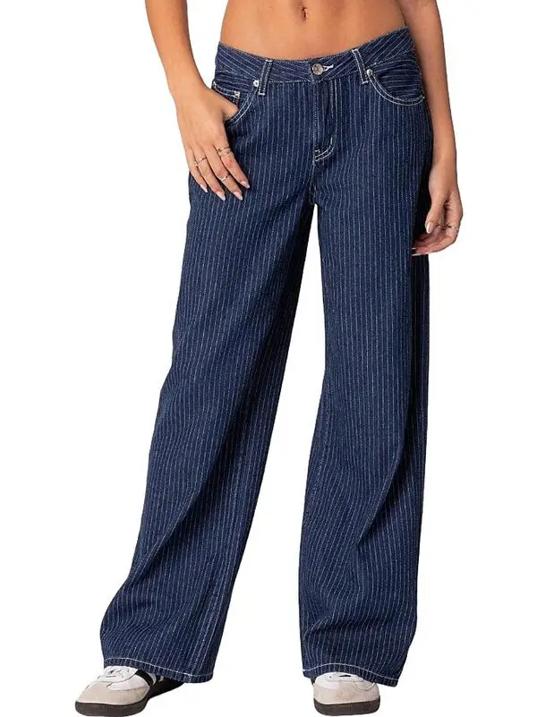 EDIKTED Pinstripe Low Rise Jeans - Navy
