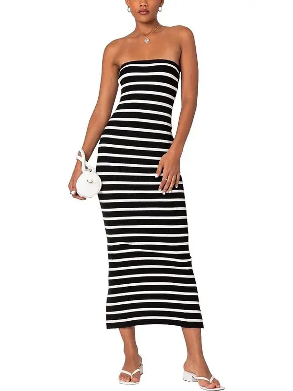 EDIKTED Knit Back Slitted Maxi Dress - Black And White