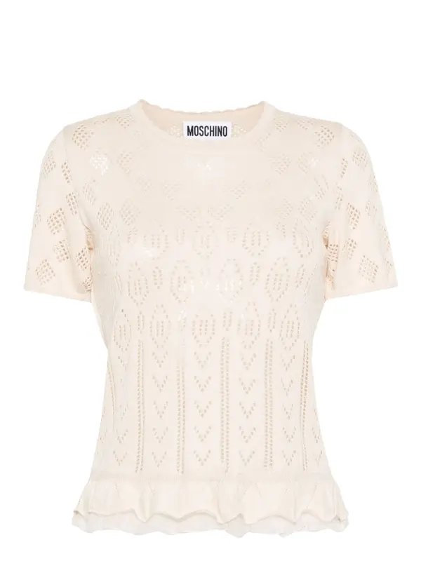 Moschino Ruffle-hem Pointelle-knit Top - Neutrals