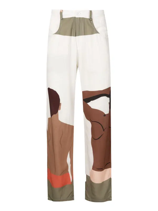 AMIR SLAMA Graphic-print Linen-blend Trousers - Neutrals