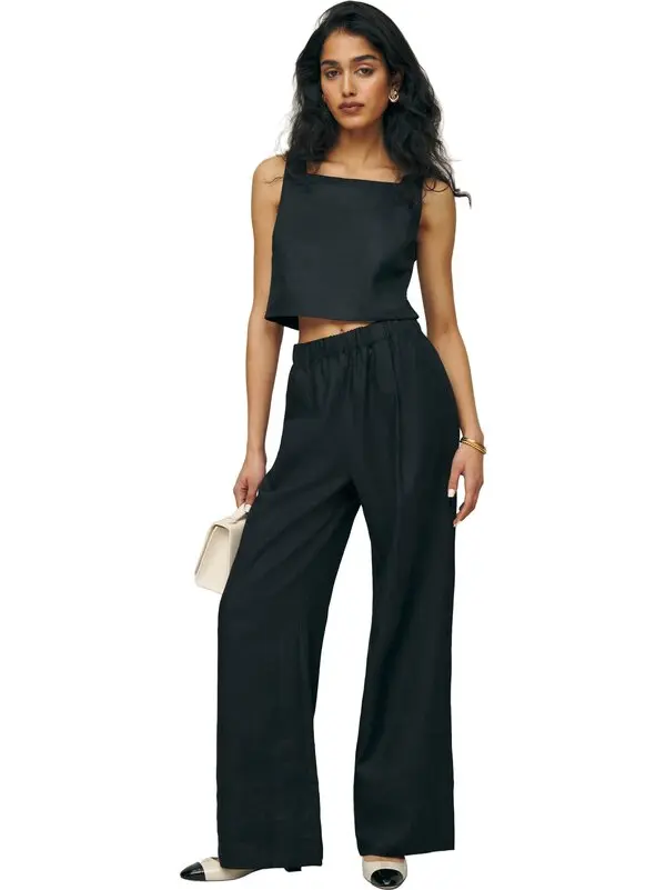 REFORMATION Petites Fernando Linen Wide Leg Pant - Black