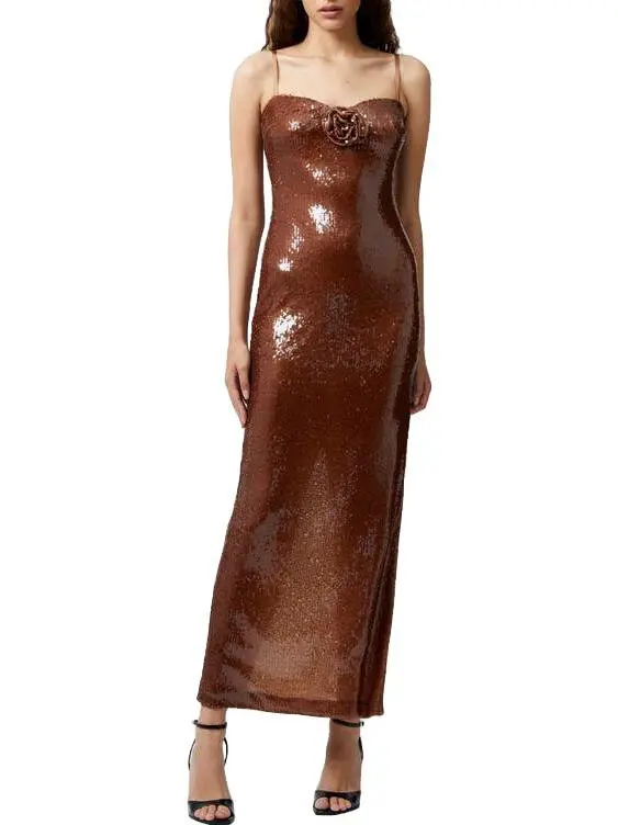 French Connection Sequin Rosette Maxi Dress - Brown Sequin