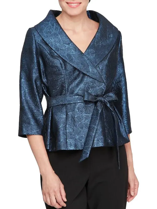 Alex Evenings Metallic Jacquard Faux Wrap Top - Royal