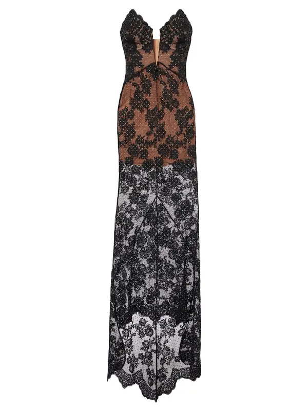 SELF-PORTRAIT Embellished Sheer Lace Gown - Black