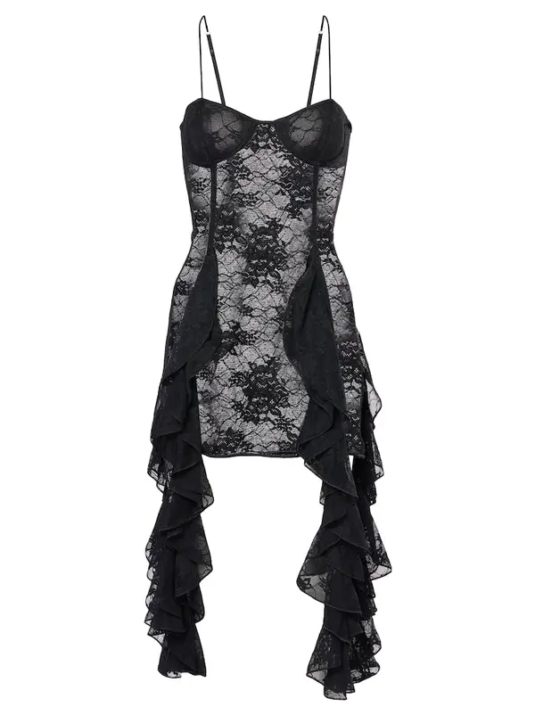 Oseree Ruffled Lace Minidress - Black