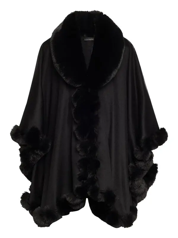 Sofia Cashmere Faux Fur Trim Cape - Black
