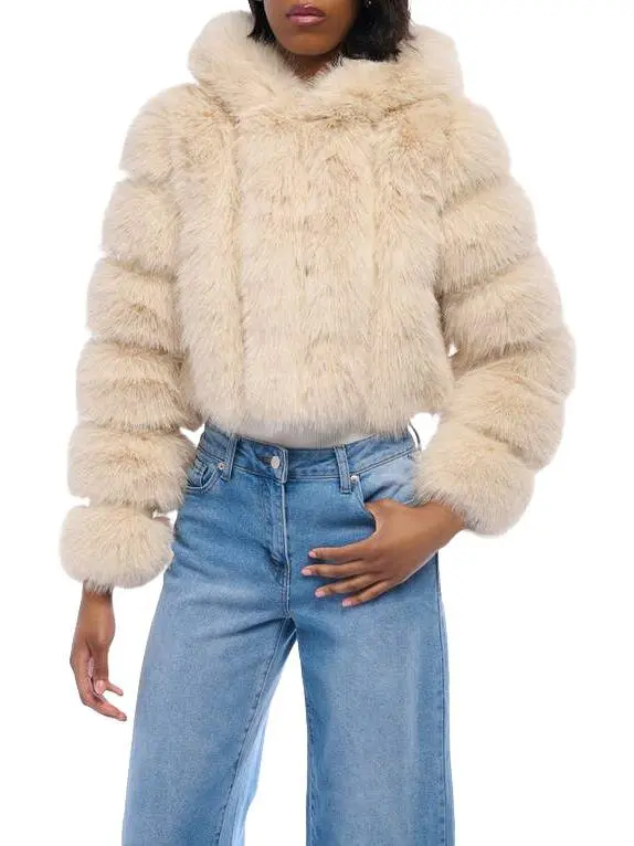 AZALEA WANG Jolene Crop Faux Fur Hooded Jacket - Beige