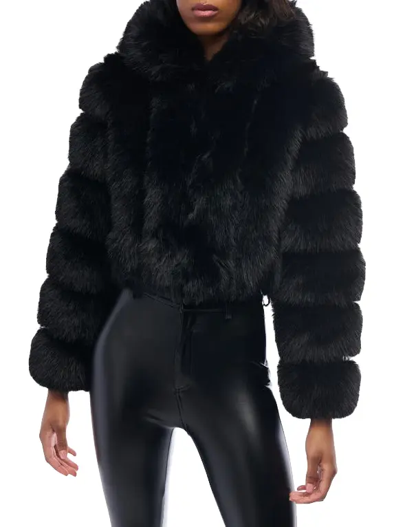 AZALEA WANG Jolene Crop Faux Fur Hooded Jacket - Black
