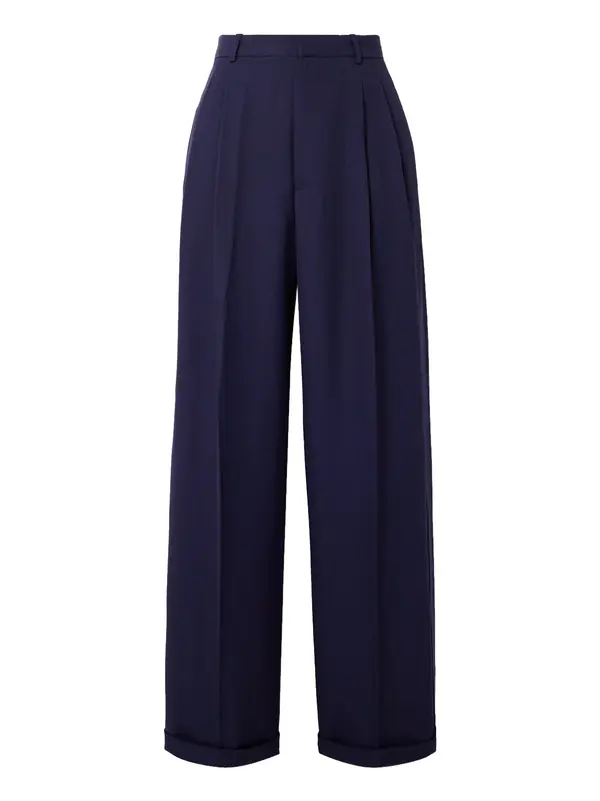Polo Ralph Lauren Pleated Silk Satin-trimmed Wool Wide-leg Pants - Blue