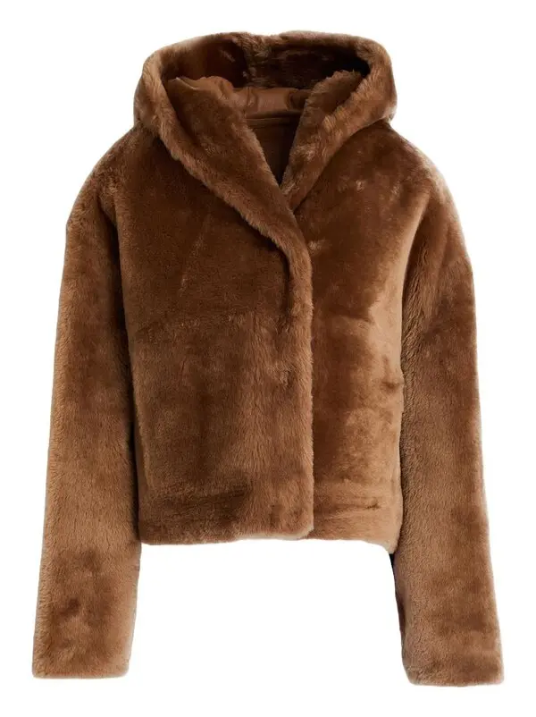 YVES SALOMON Shearling Hooded Jacket - Light Brown