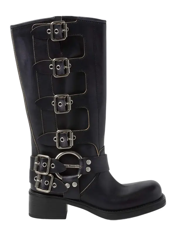 Miu Miu Leather Buckle Boots - Black