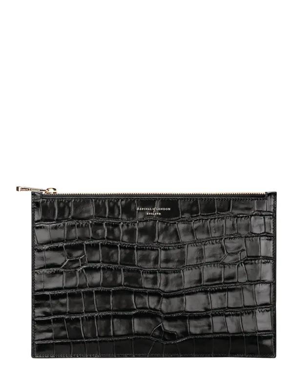 ASPINAL OF LONDON Large Flat Crocodile Printed Pouch - Black