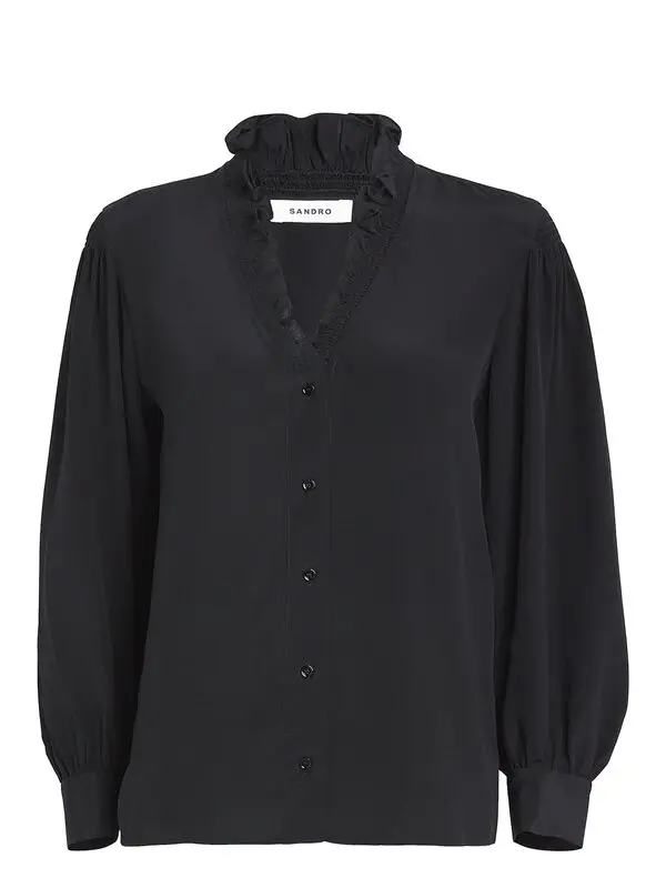 Sandro Silk Ruffle Collar Shirt - Black