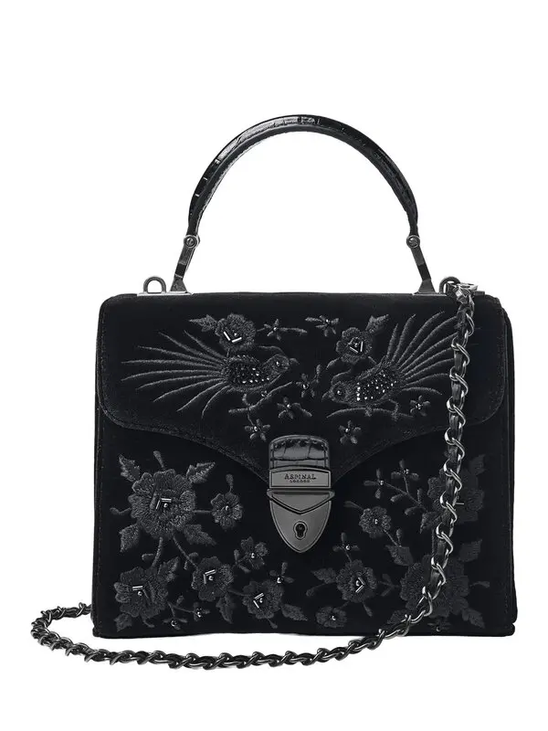 ASPINAL OF LONDON Midi Velvet Embroidered Mayfair Top-handle Bag - Black