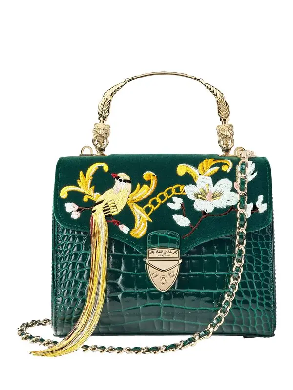 ASPINAL OF LONDON Midi Velvet Embroidered Mayfair Top-handle Bag - Green
