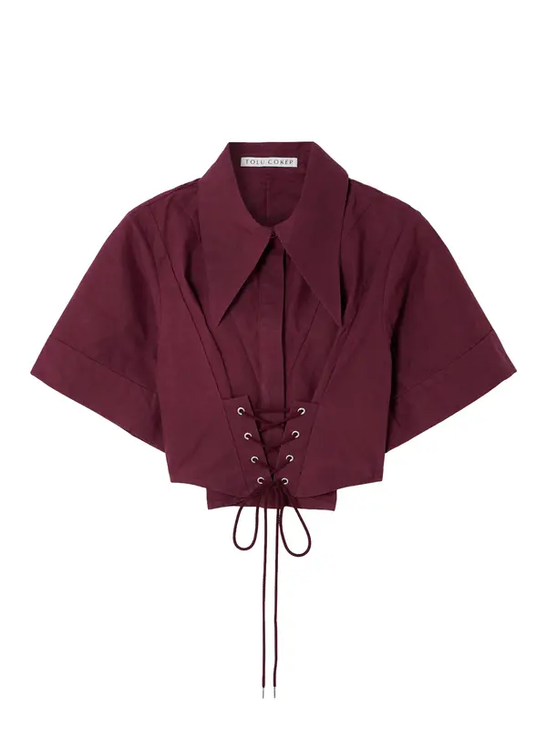 TOLU COKER Cropped Lace-up Cotton-poplin Shirt - Burgundy