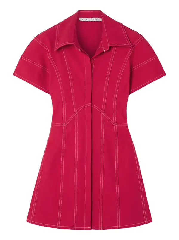 TOLU COKER Paneled Topstitched Denim Mini Shirt Dress - Red