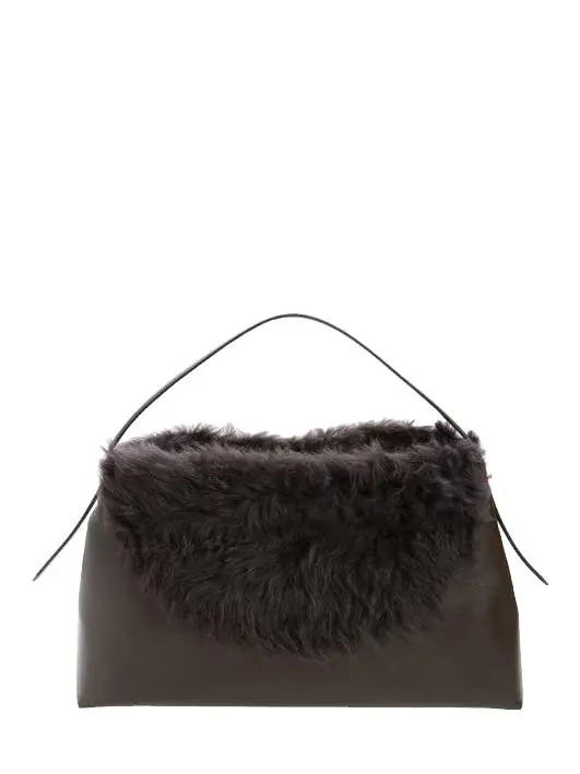 TOTEME T-lock Leather & Shearling Top Handle Bag - Bark
