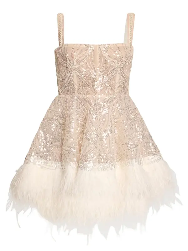 BRONX BANCO Bronx And Banco Mademoiselle Beaded Feather-trim Mini Dress - White