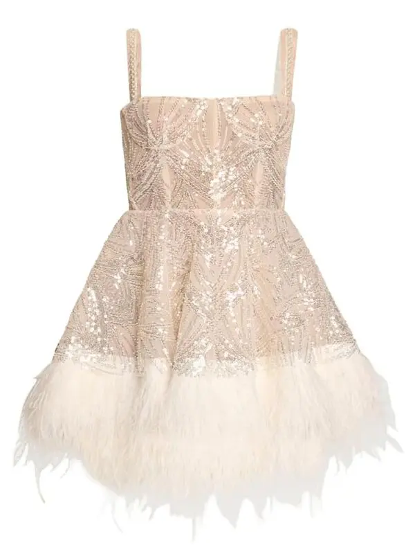 BRONX BANCO Bronx And Banco Mademoiselle Beaded Feather-trim Mini Dress - White