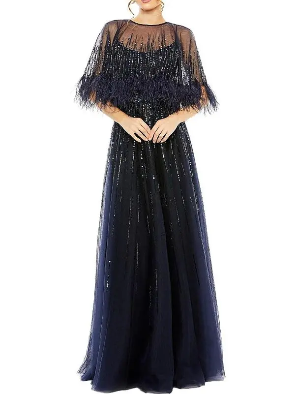 Mac Duggal Embellished A-line Gown With Feather Detail - Navy