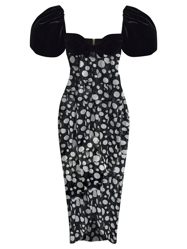 RASARIO Puff-sleeve Floral Chiffon Midi Dress - Black,white
