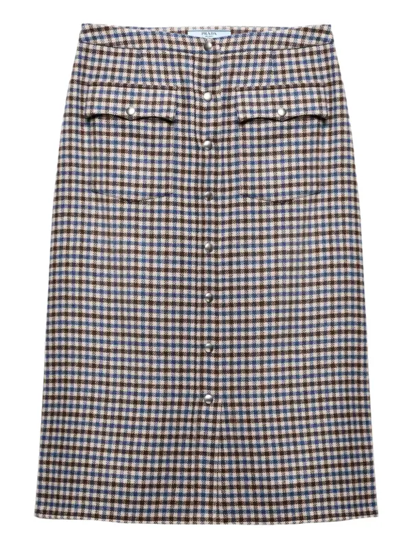 Prada Wool Checked Midi Skirt - Brown