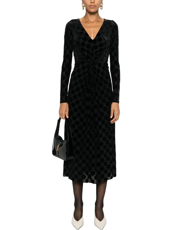 NISSA Polka-dot Velvet Midi Dress - Black