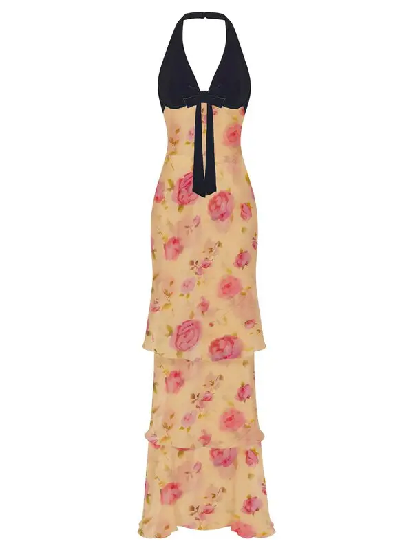 RASARIO Bow-detailed Chiffon & Velvet Maxi Dress - Yellow